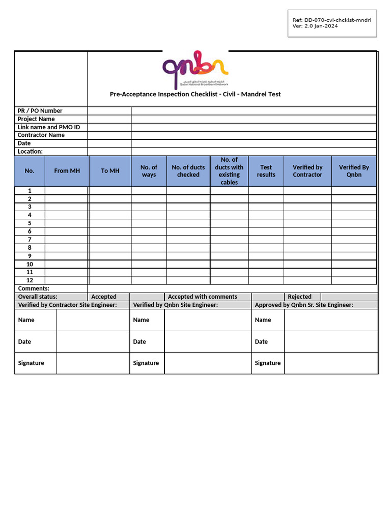 Pre-Acceptance Inspection Checklist - Civil - MNDRL | PDF