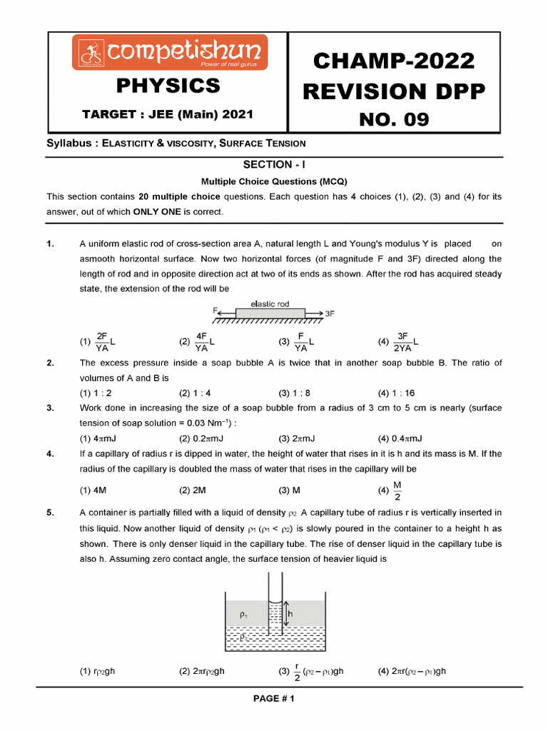 Revision DPP-9 - Elasticity - Viscosity, Surface Tension | PDF