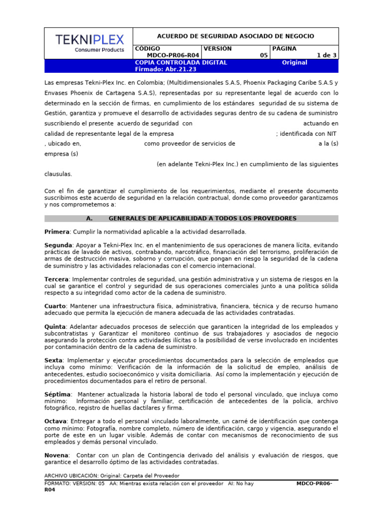 MDCO-PR06-R04 Acuerdo de Seguridad | PDF