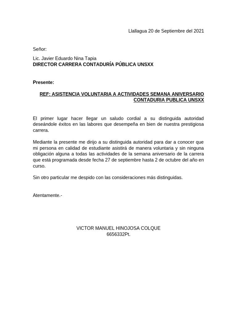 Carta Modelo para Asistencia Voluntaria. | PDF