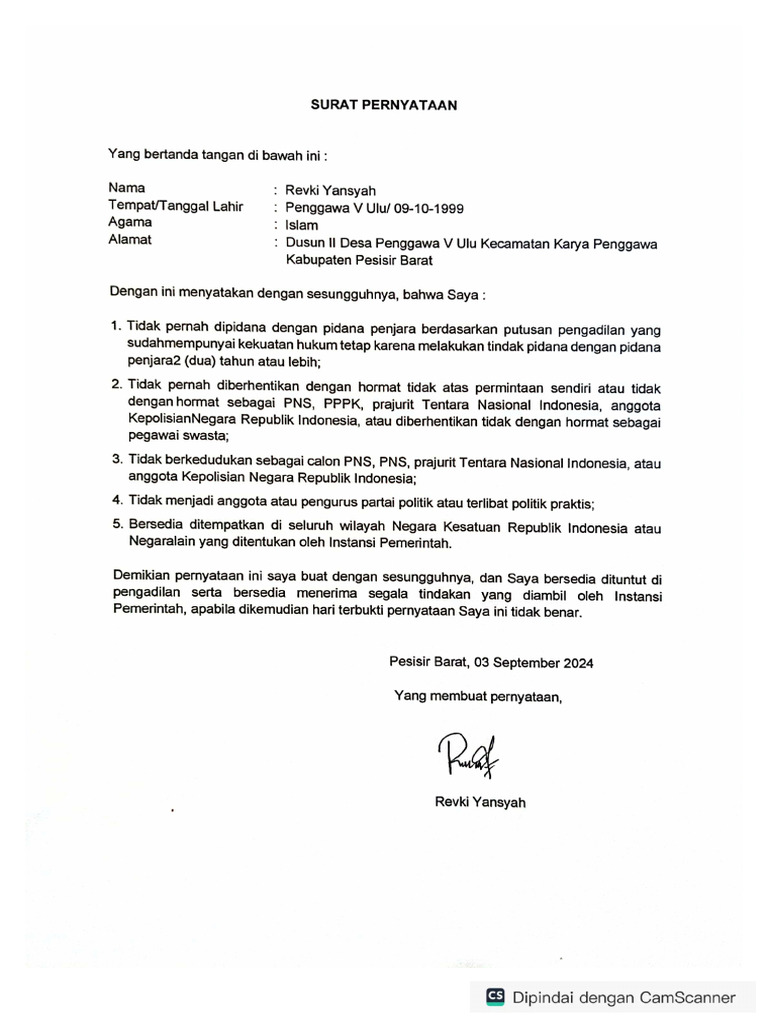 Surat Pernyataan Revki | PDF