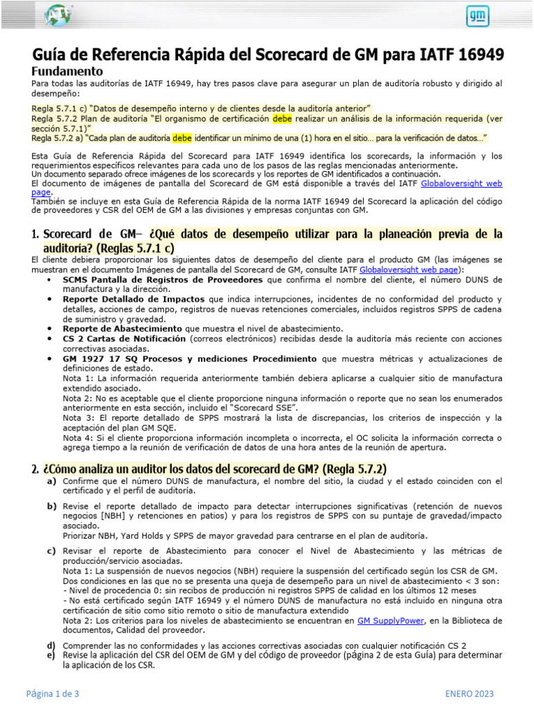 Scorecard GM para IATF 16949 2023 | PDF | Auditoría