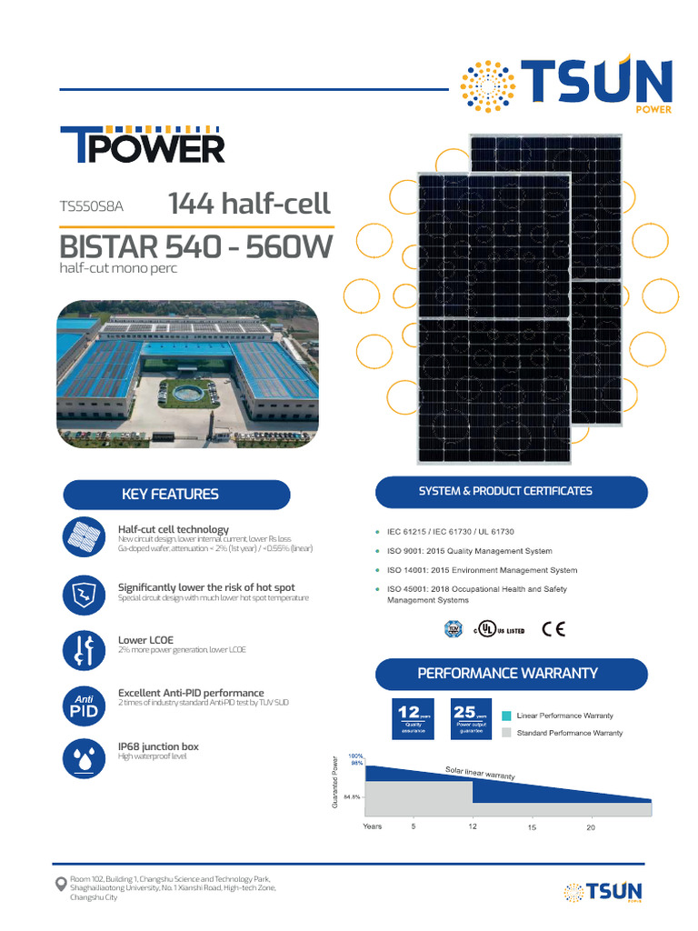 Datasheet Módulo FV Bistar Tsun - 560w | PDF
