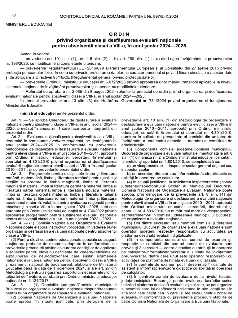 Ordin Evaluare Nationala | PDF