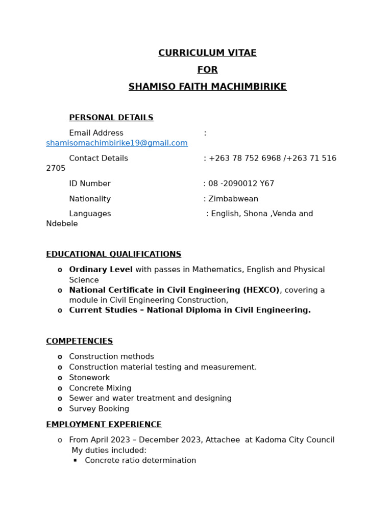 Curriculum Vitae For Shamiso | PDF