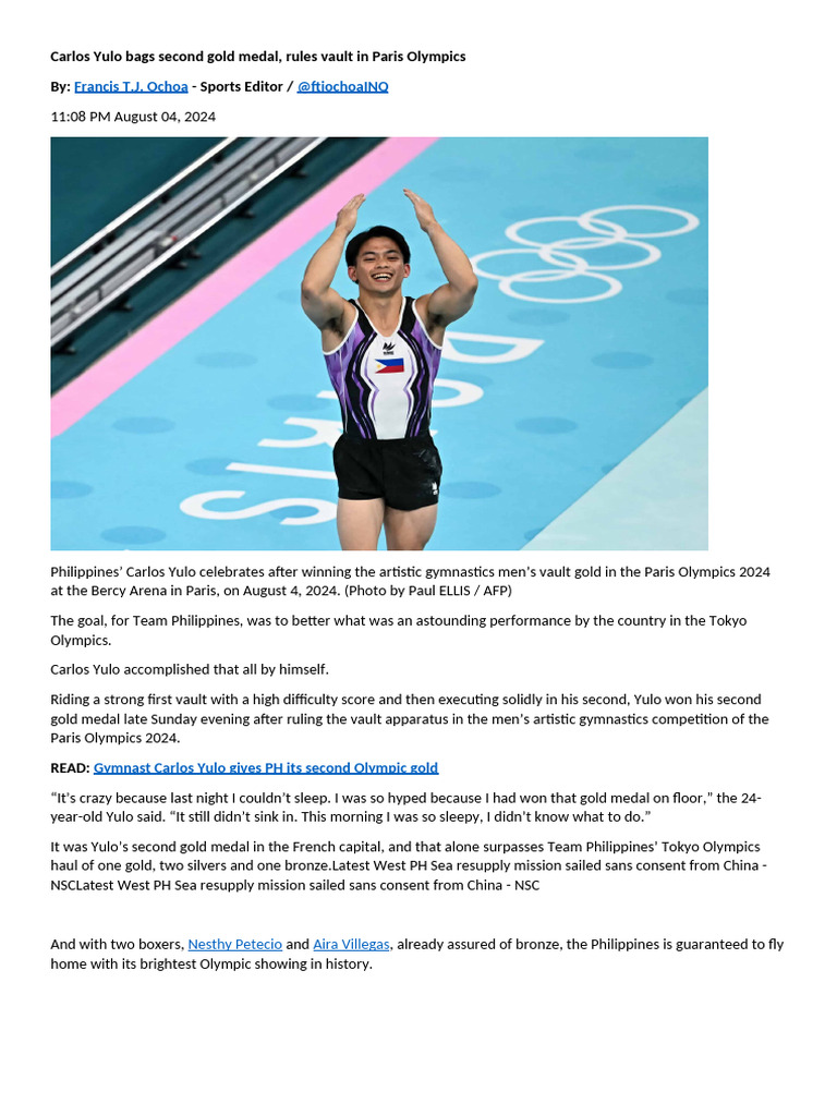 Carlos Yulo Bags Second Gold Medal | PDF | Gymnastics | Summer Olympic ...
