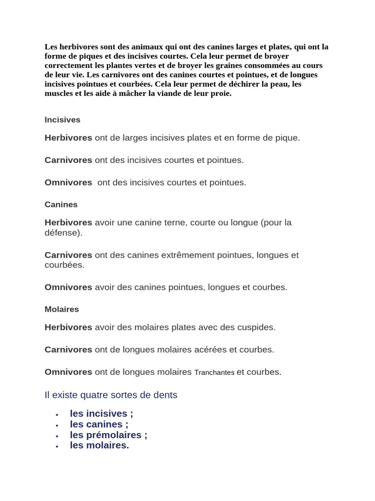 Les Herbivores Sont Des Animaux Qui Ont Des Canines Larges Et Plates | PDF