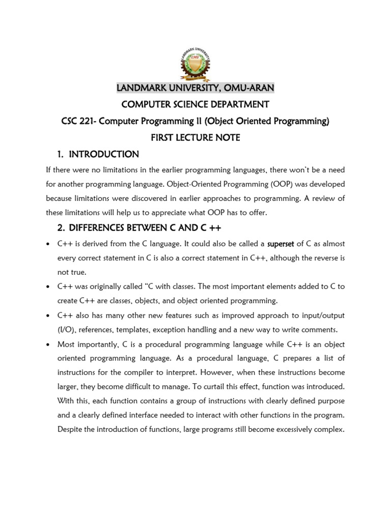 CSC 221 First Lecture Note | PDF