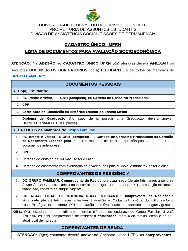 CADASTRO NICO UFRN - Lista de Documentos para Avaliao Socioeconmica | PDF