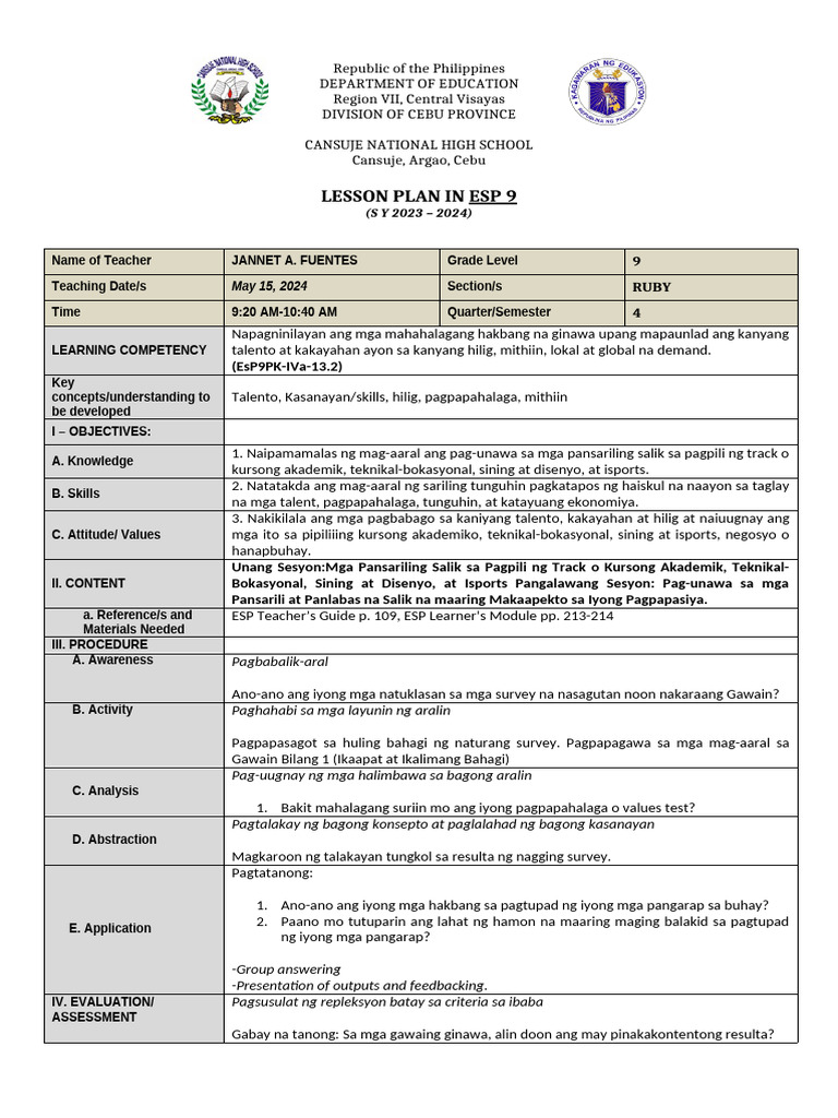 DLP For Classroom Observation ESP9 Q4 | PDF