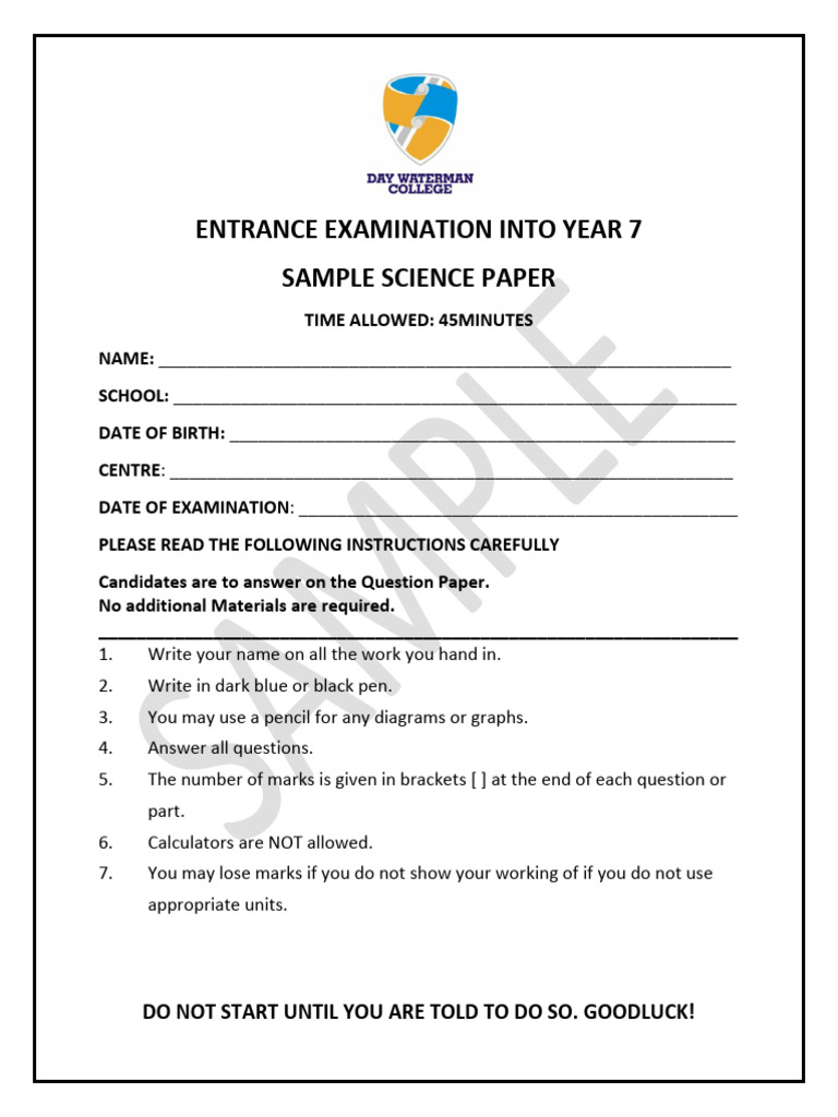 Year 7 Entrance Test Sample Science | PDF