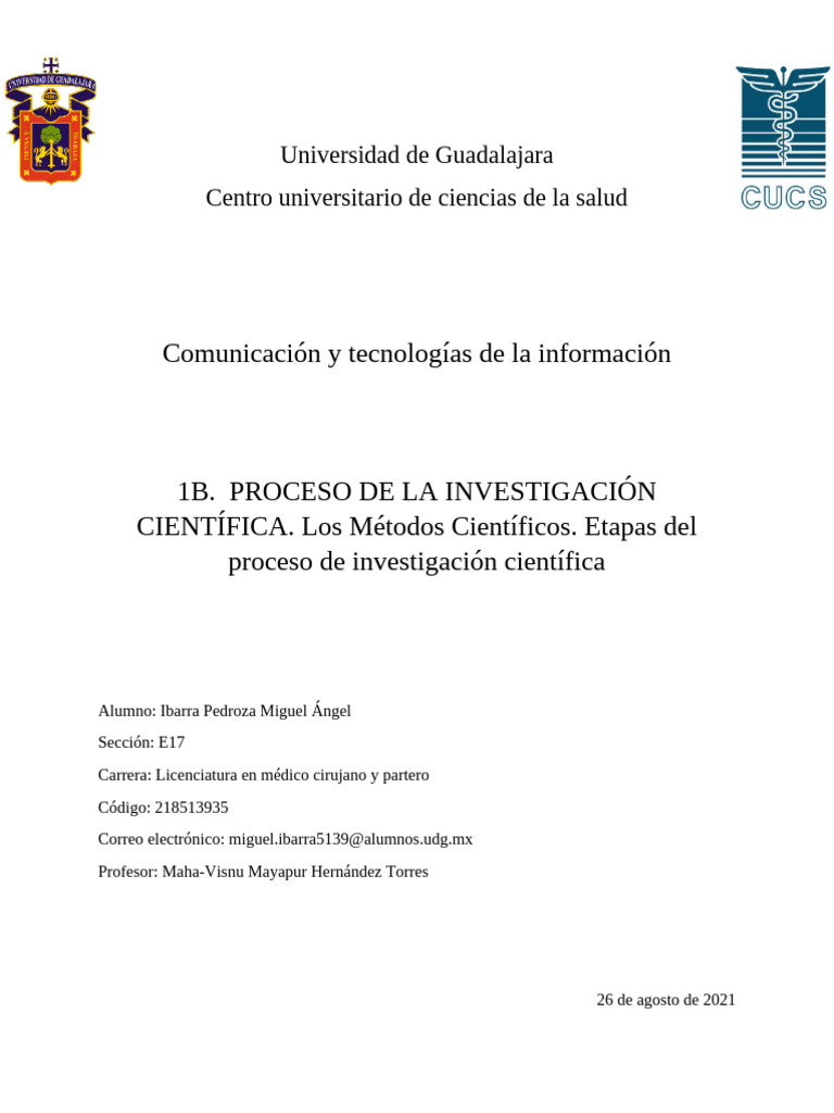 1B. PROCESO de LA INVESTIGACIÓN CIENTÍFICA. Los Métodos Científicos ...
