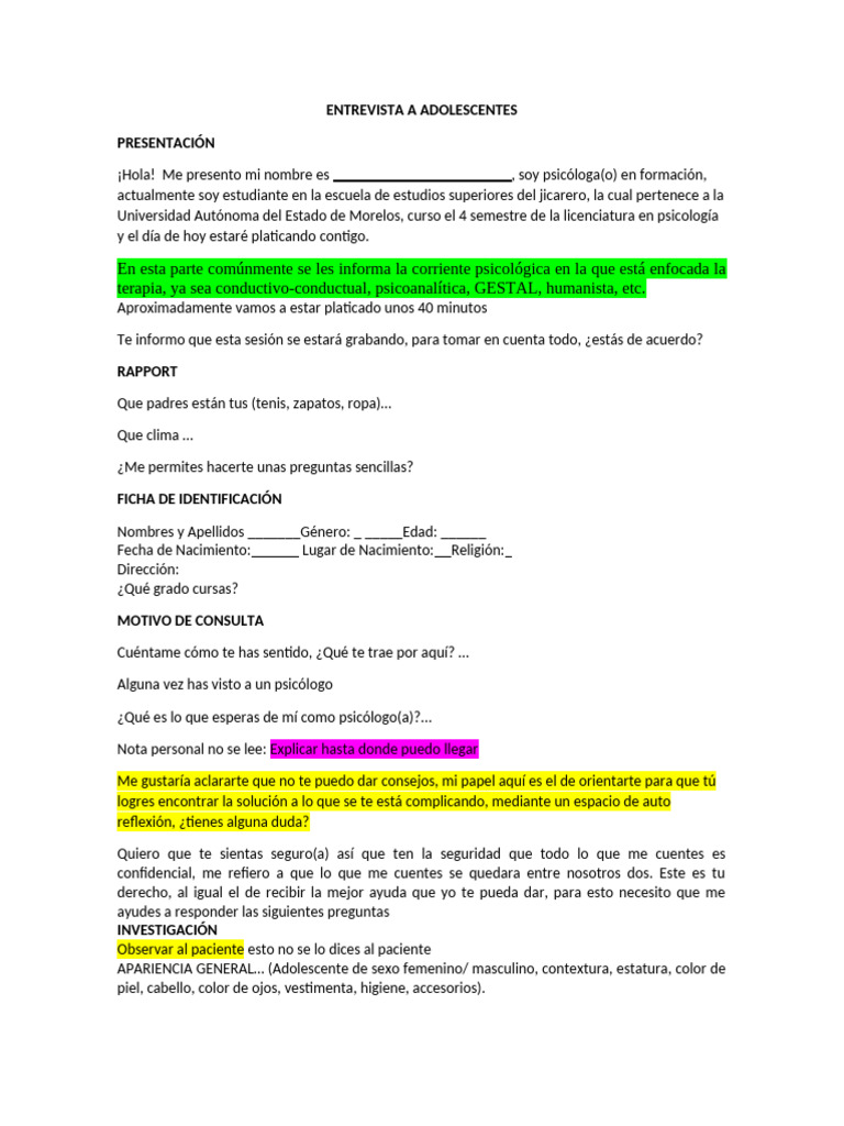 ENTREVISTA A ADOLESCENTES | PDF