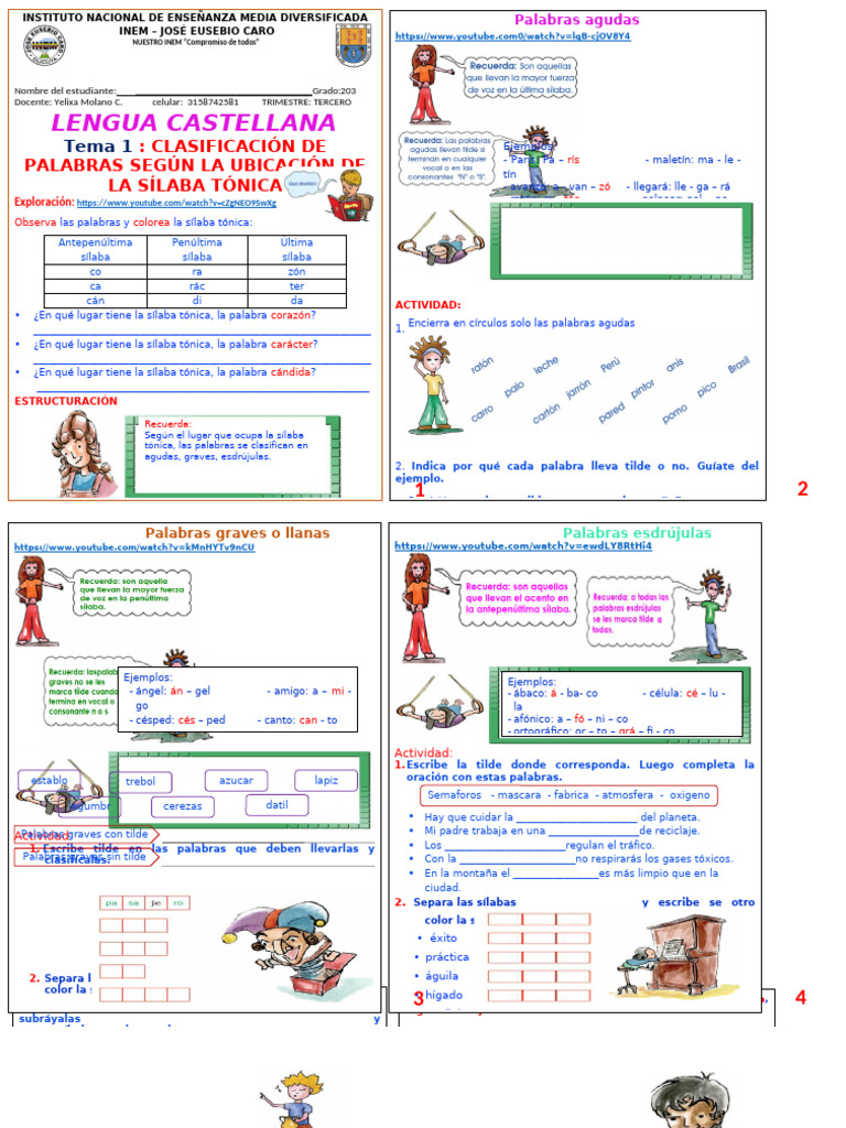 GUIAS 8 LENGUA CASTELLANA CLASIFICACION DE LA PALABRAS SEGUN UBICACION ...