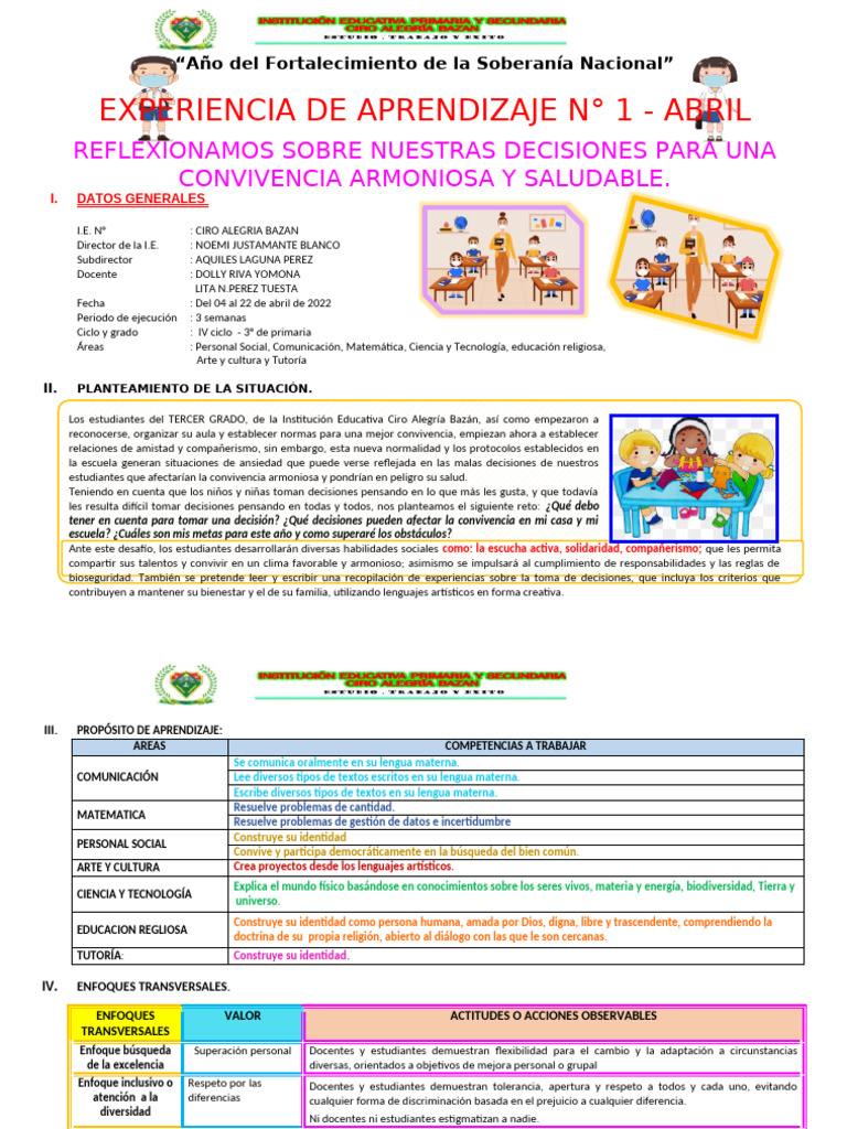 EXPERIENCIA DE APRENDIZAJE N° 1 - ABRIL | PDF