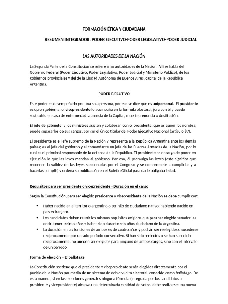 Resumen Integrador de Los Tres Poderes | PDF