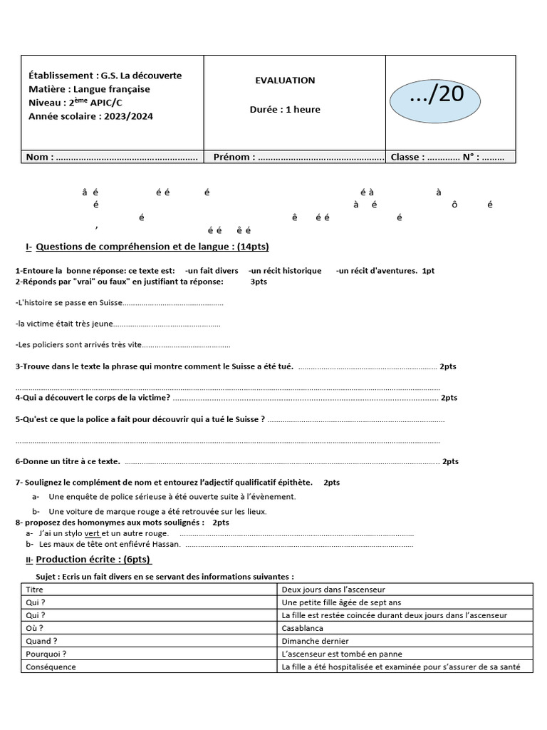 Évaluation 2ème APIC. G.S. La Découverte 2 | PDF