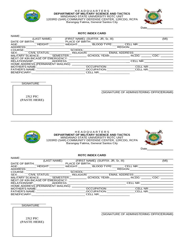 ROTC Index Card Template for MSU | PDF
