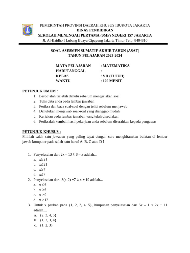 7 Matematika Soal Asat 2324 | PDF