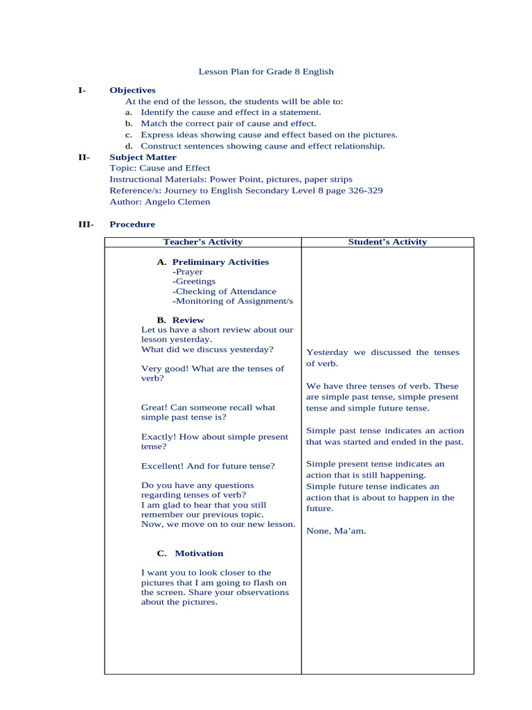 Cause and Effect Detailed Lesson Plan | PDF