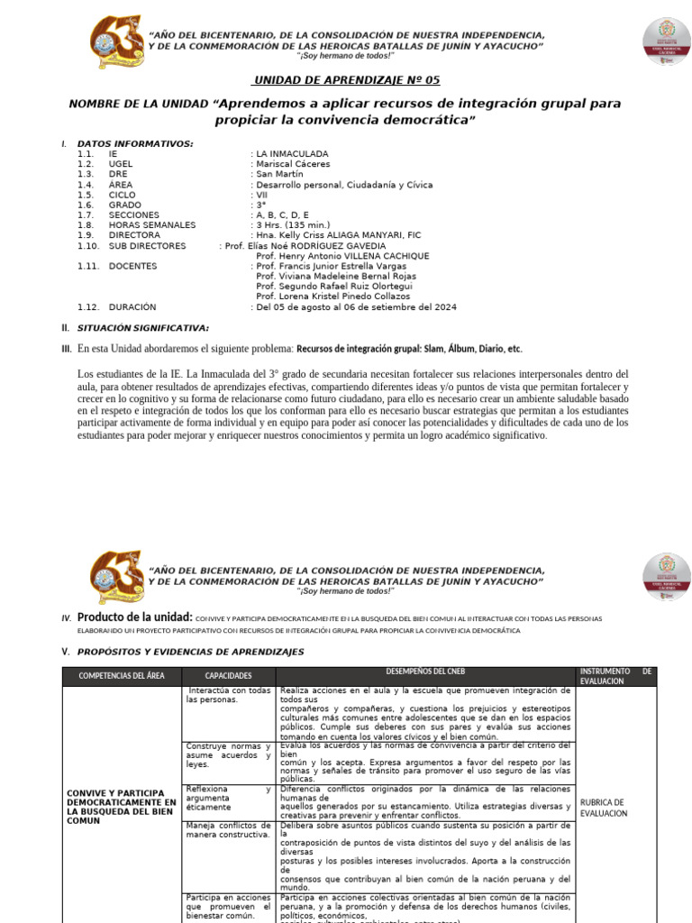 UNIDAD DE APRENDIZAJE Nº 05 . DPCC 3° | PDF