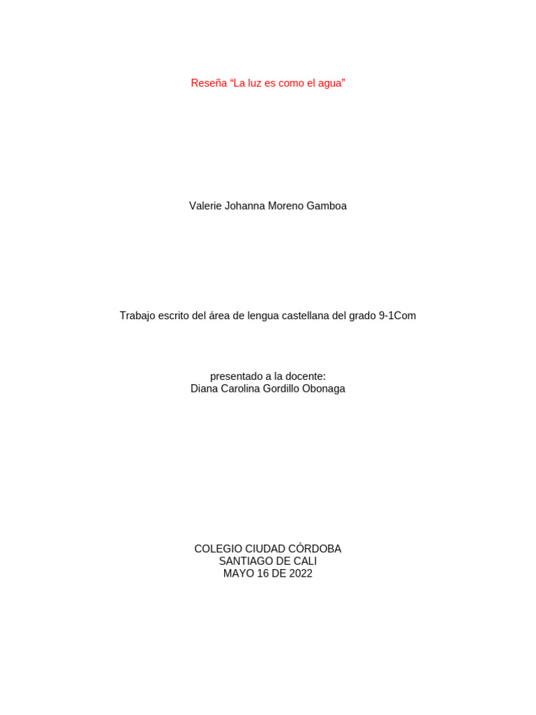 Reseña'' La Luz Es Como El Agua'' | PDF