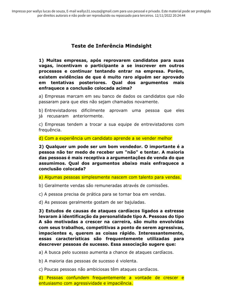 Teste de Inferência Mindsight Passei Direto | PDF