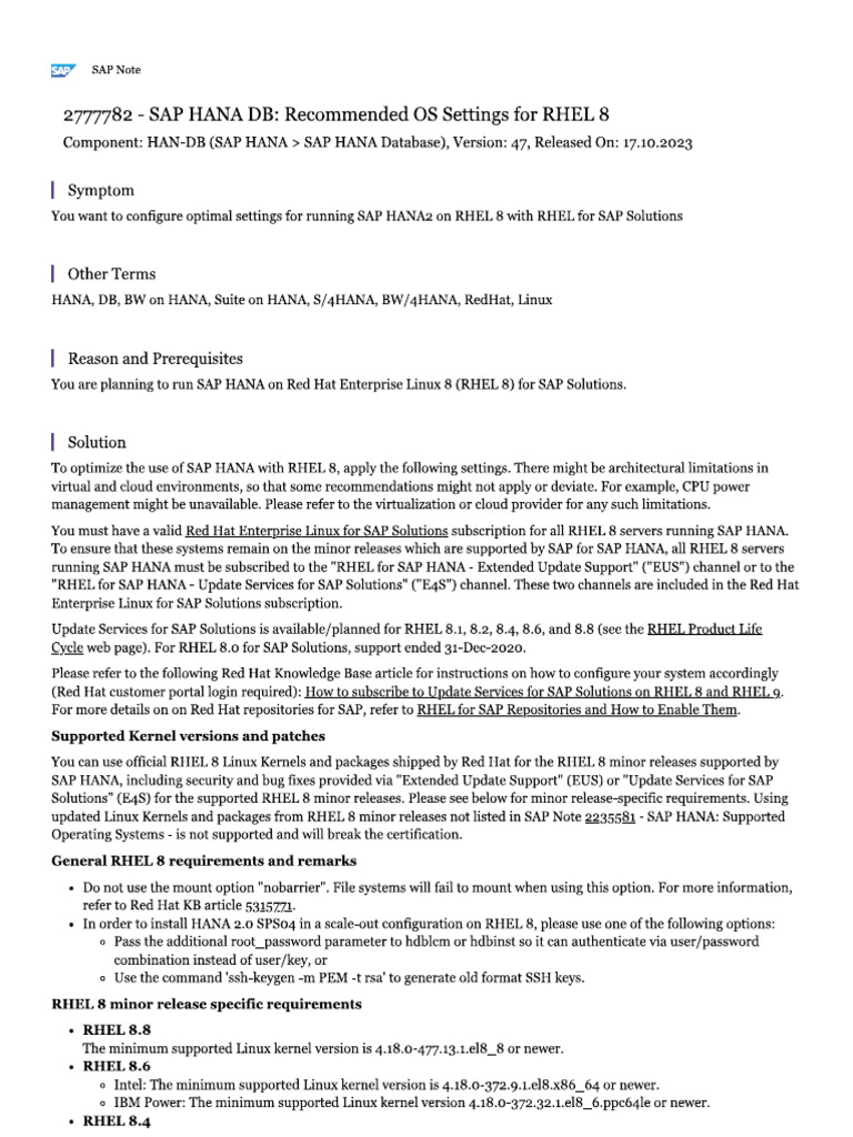Note 2777782 - SAP HANA DB - Recommended OS Settings for RHEL 8 | PDF