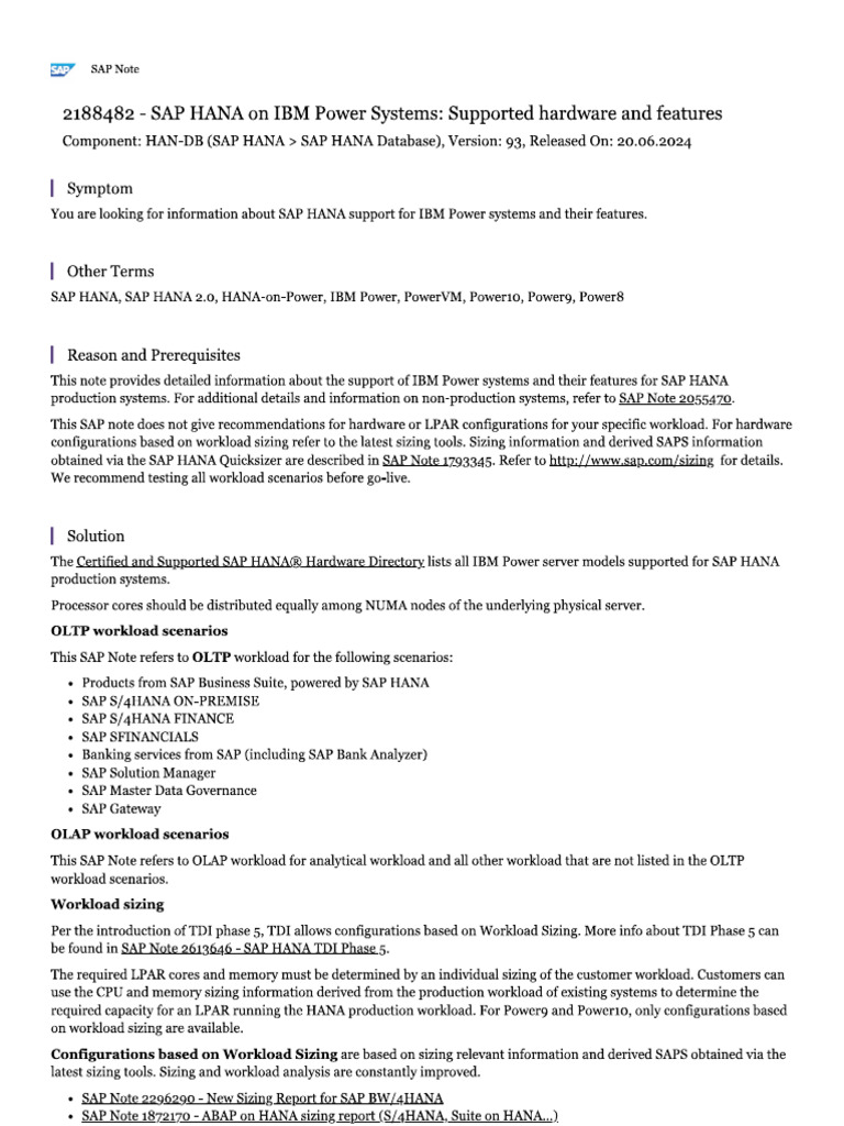 Note 2188482 - SAP HANA on IBM Power Systems - Supported hardware and ...