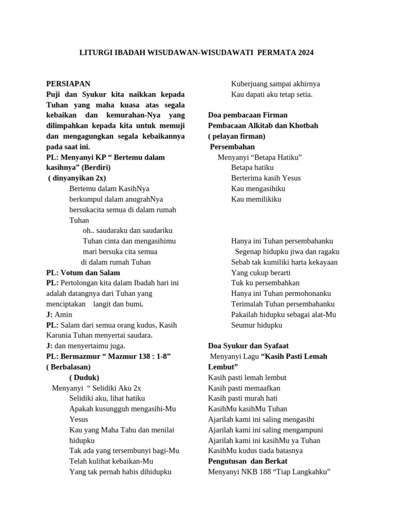 Liturgi Ibadah Wisudawan-Wisudawati Permata 2024 | PDF