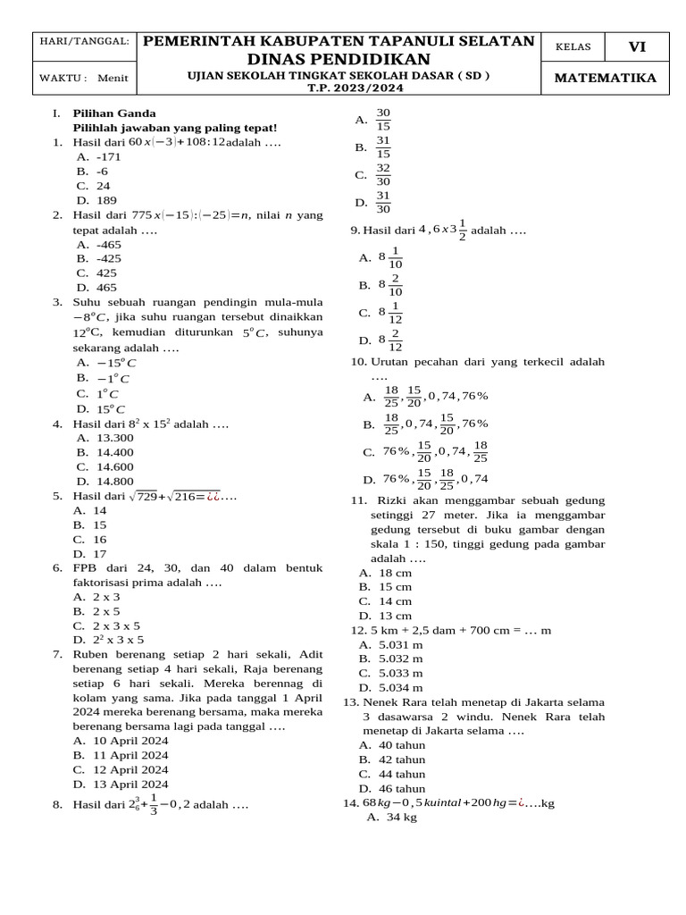 Soal Us Matematika Kelas 6 | PDF