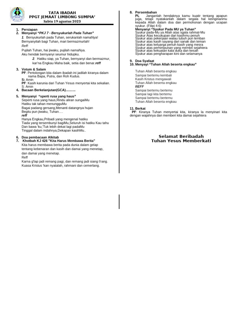 Tata Ibadah PPGT Jls 19-8-23 | PDF