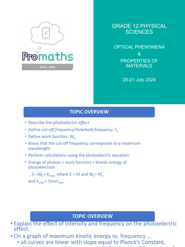 Grade 12 Photoelectric Effect Lesson 20-21 July 2024 | PDF
