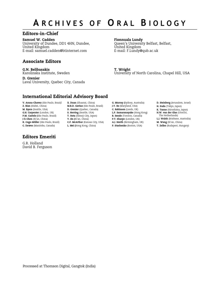 Editorial Board 2020 Archives of Oral Biology | PDF