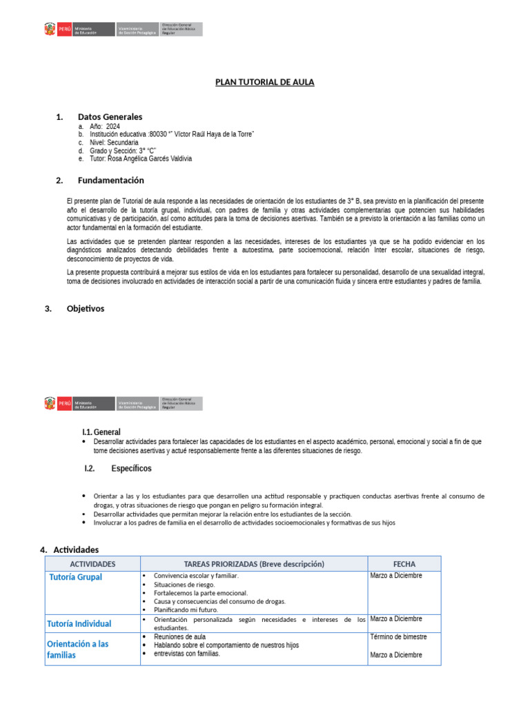 Plan Tutorial de Aula 2024 3c | PDF