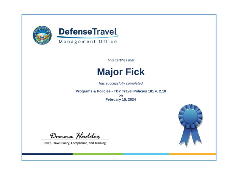 Certificate of Cmpletion Programs & Policies - TDY Travel Policies 101 v. 2.10 | PDF