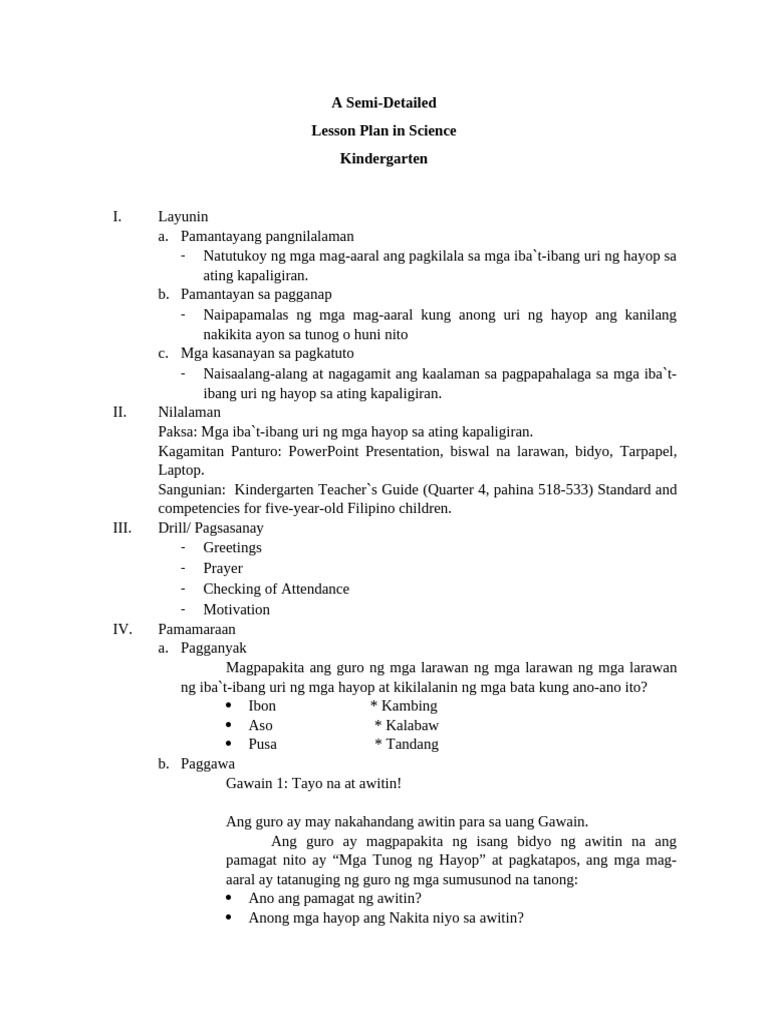 A Semi-Detailed Lesson Plan Kindergarten for DEMO | PDF