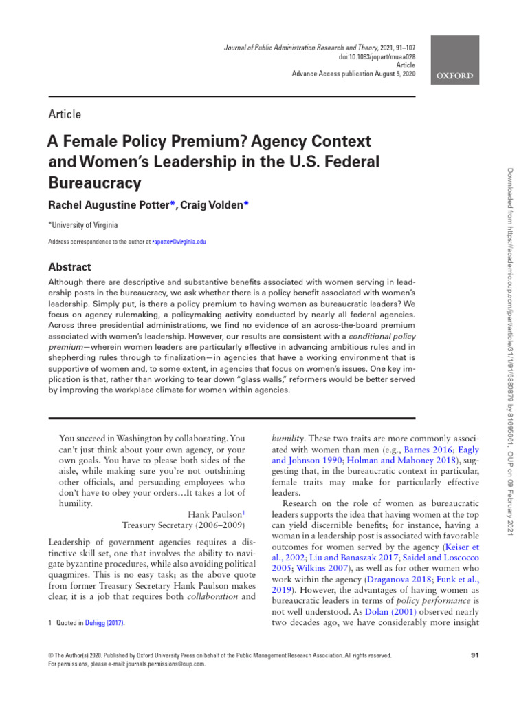 A Female Policy Premium? Agency Context and Women's Leadership in The U ...