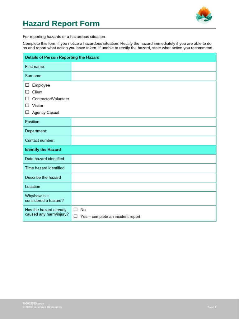 Work Safely in Client Care - SD AT4 Hazard Report Form.v1.0 | PDF