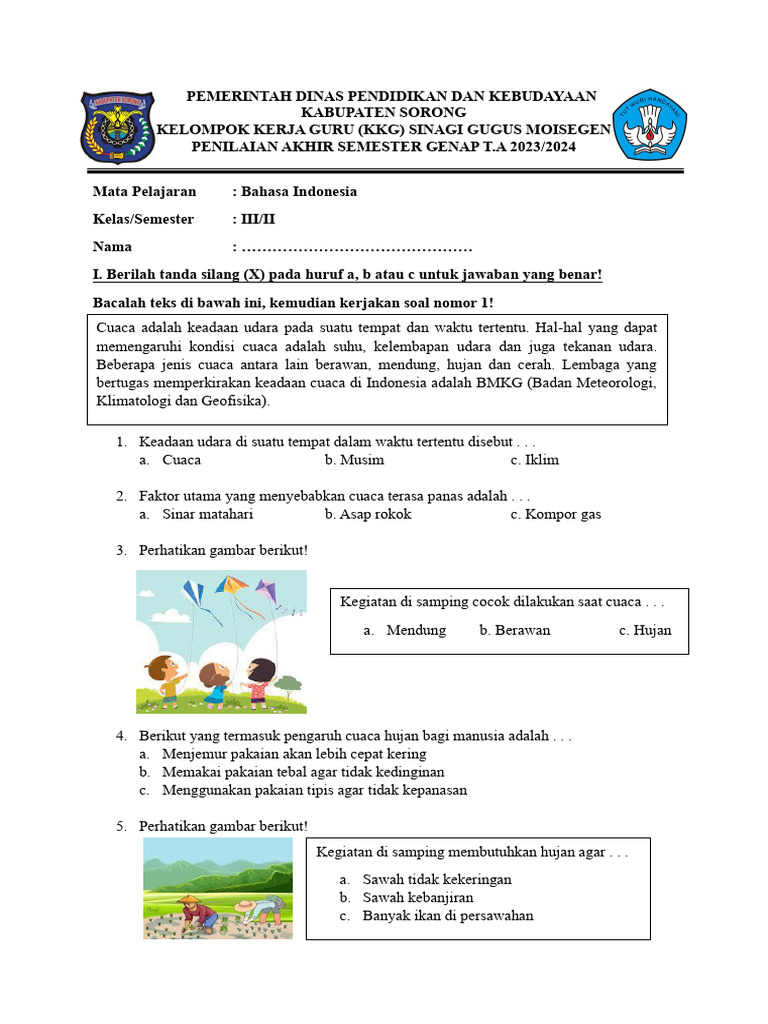 Soal BHS Indonesia KLS 3 KKG | PDF