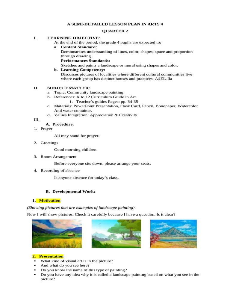 A Detailed Lesson Plan In Arts 4 Pdf