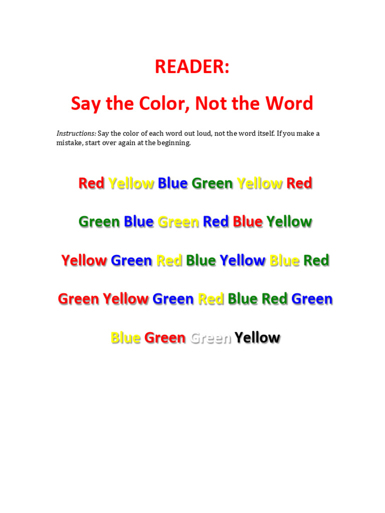 Say The Color Not The Word Handout | PDF