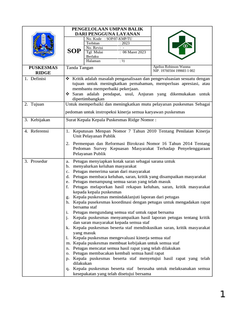 Sop Pengelolaan Dan Umpan Balik Dari Pengguna Layanan | PDF