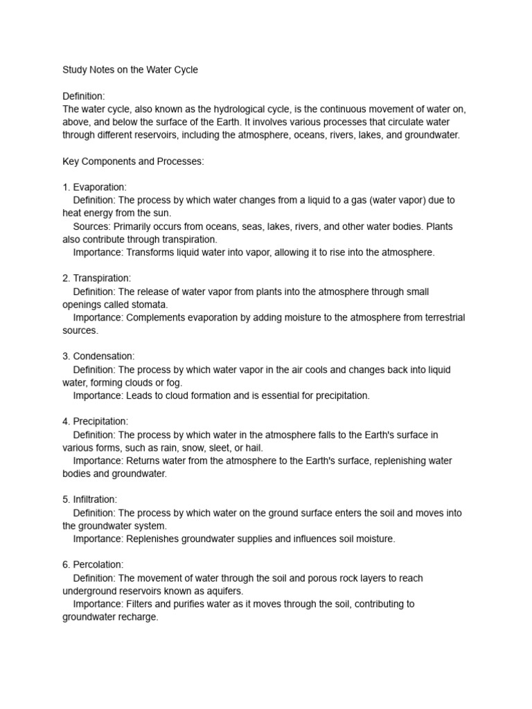 Study Notes On The Water Cycle | PDF