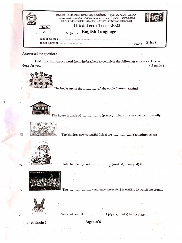 English - Grade 6 - Third Term Test 2023 - NCP | PDF