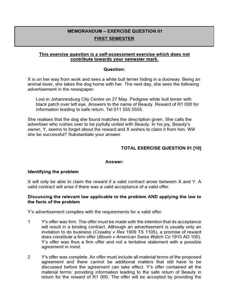 Exercise Question 1 - Memorandum | PDF
