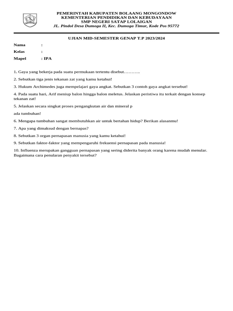 Soal Mid IPA Kelas 8 Genap 2023-2024 | PDF