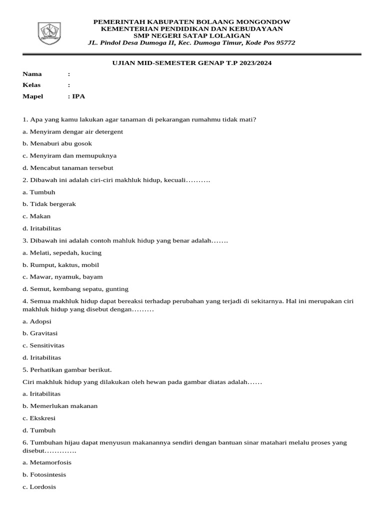 Soal Mid IPA Kelas 7 Genap 2023-2024 | PDF