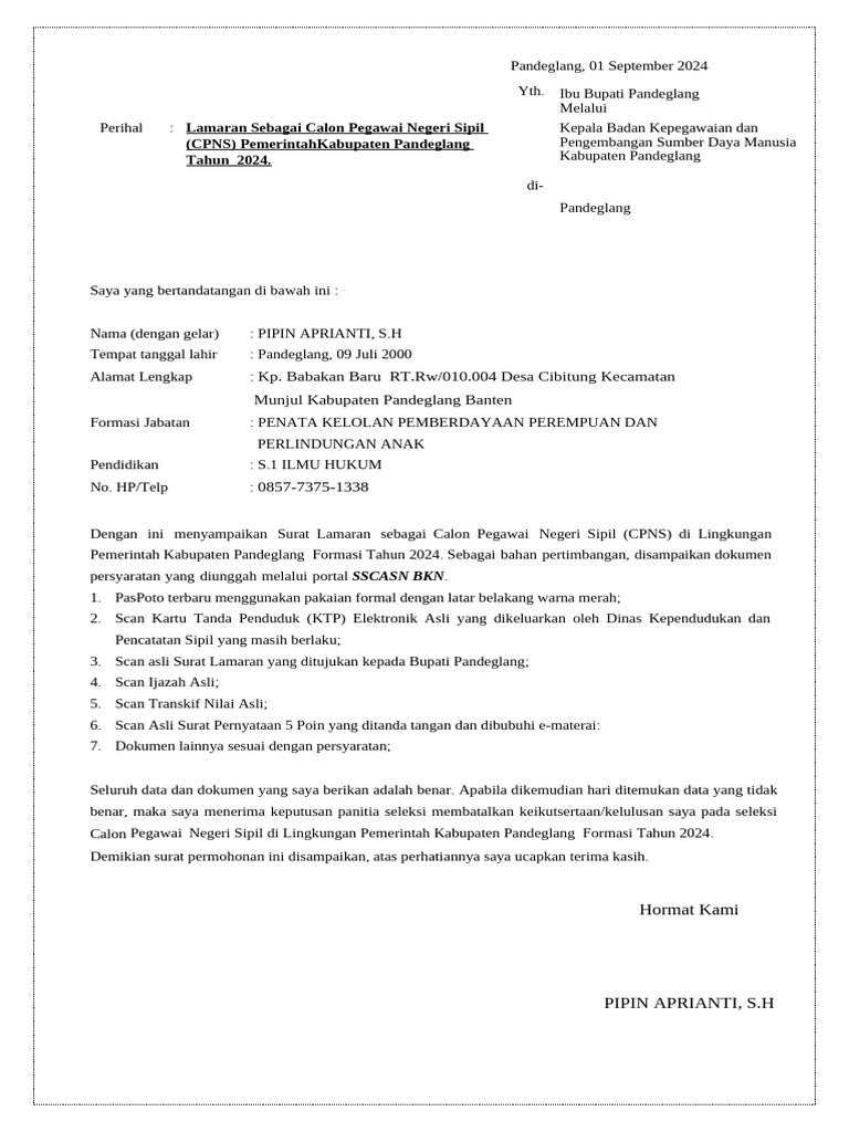 Contoh Surat Lamaran CPNS 2024 Bagi Guru Dan Karyawan | PDF