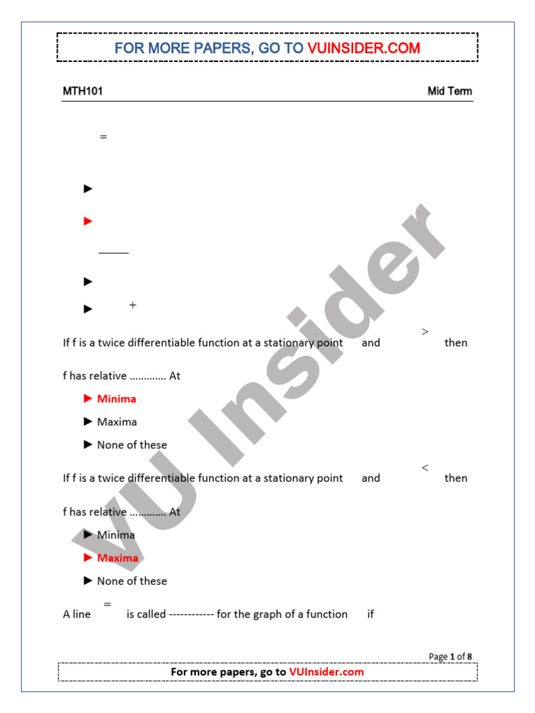 MTH101 Mid Term Past Paper 1 | PDF